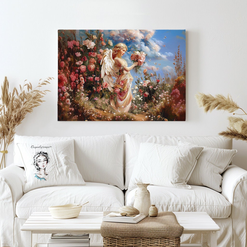 Angel With Flowers in Heaven Garden Painting, Matte Canvas, Stretched ...