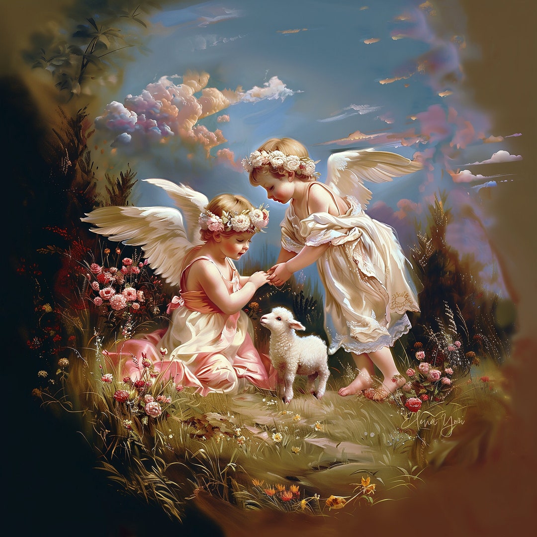Two Little Angels Playing With a Lamb Painting, Matte Canvas, Print of ...