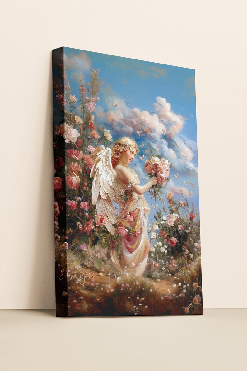 Angel With Flowers in Heaven Garden Painting, Matte Canvas, Stretched ...