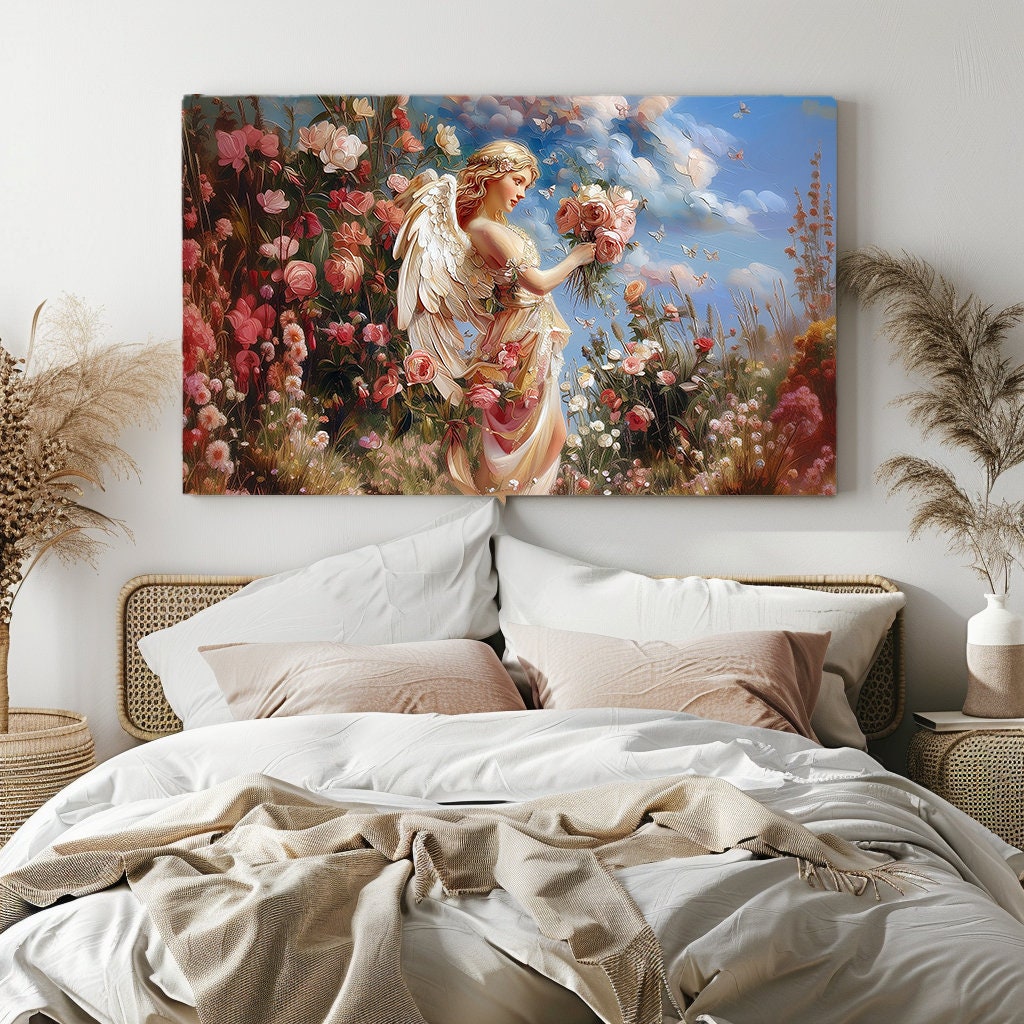 Angel With Flowers in Heaven Garden Painting, Matte Canvas, Stretched ...