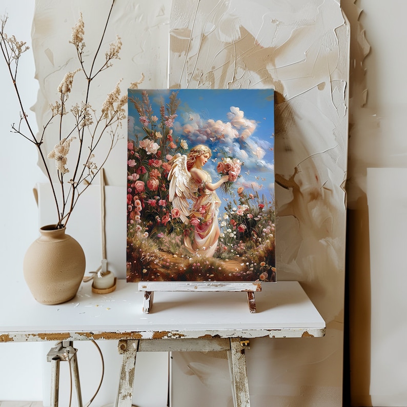 Angel With Flowers in Heaven Garden Painting, Matte Canvas, Stretched ...