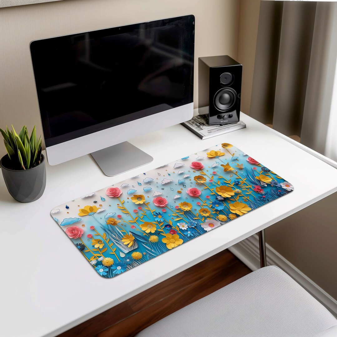 Raindrops and Flowers Gaming Mouse Pad, Floral Desk Mat, 3D Layered ...