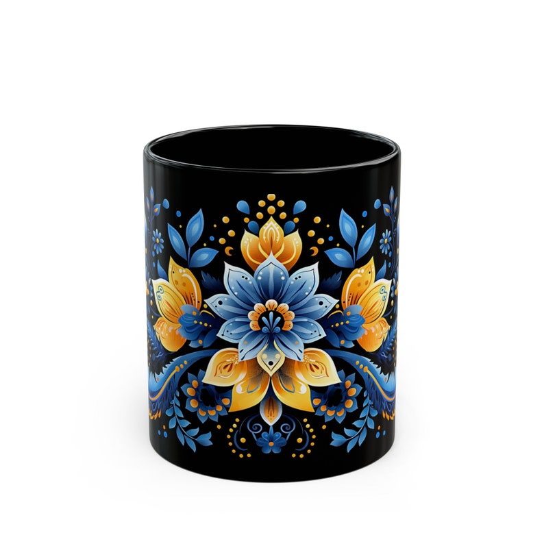 Ukrainian Folk Art Coffee Mug, 11oz 15oz, Petrikivka Blue & Yellow ...