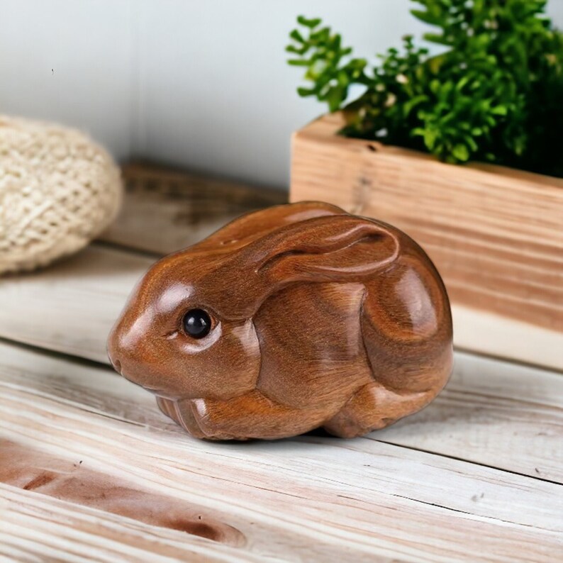 Wooden Rabbit Statue Wood Carvings Animal Ornament Cute Figurines ...