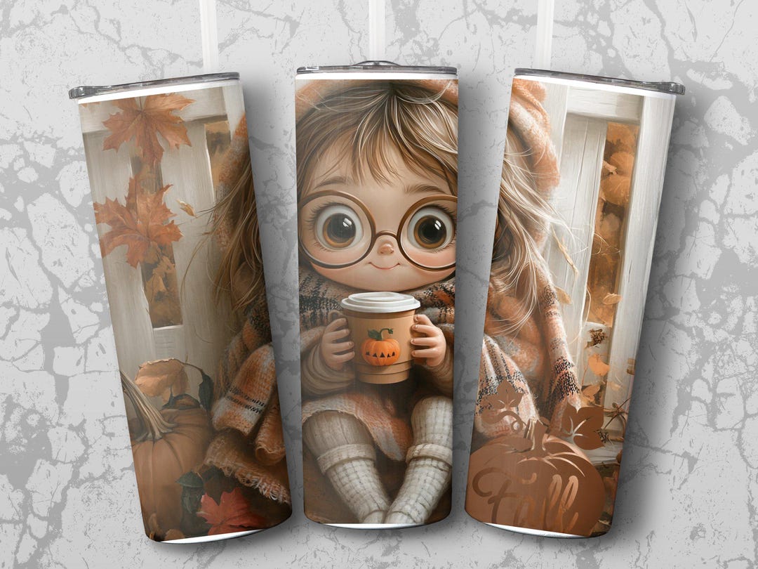 Cute Fall Girl Sublimation Tumbler Wrap Design, Autumn Pumpkin Coffee ...