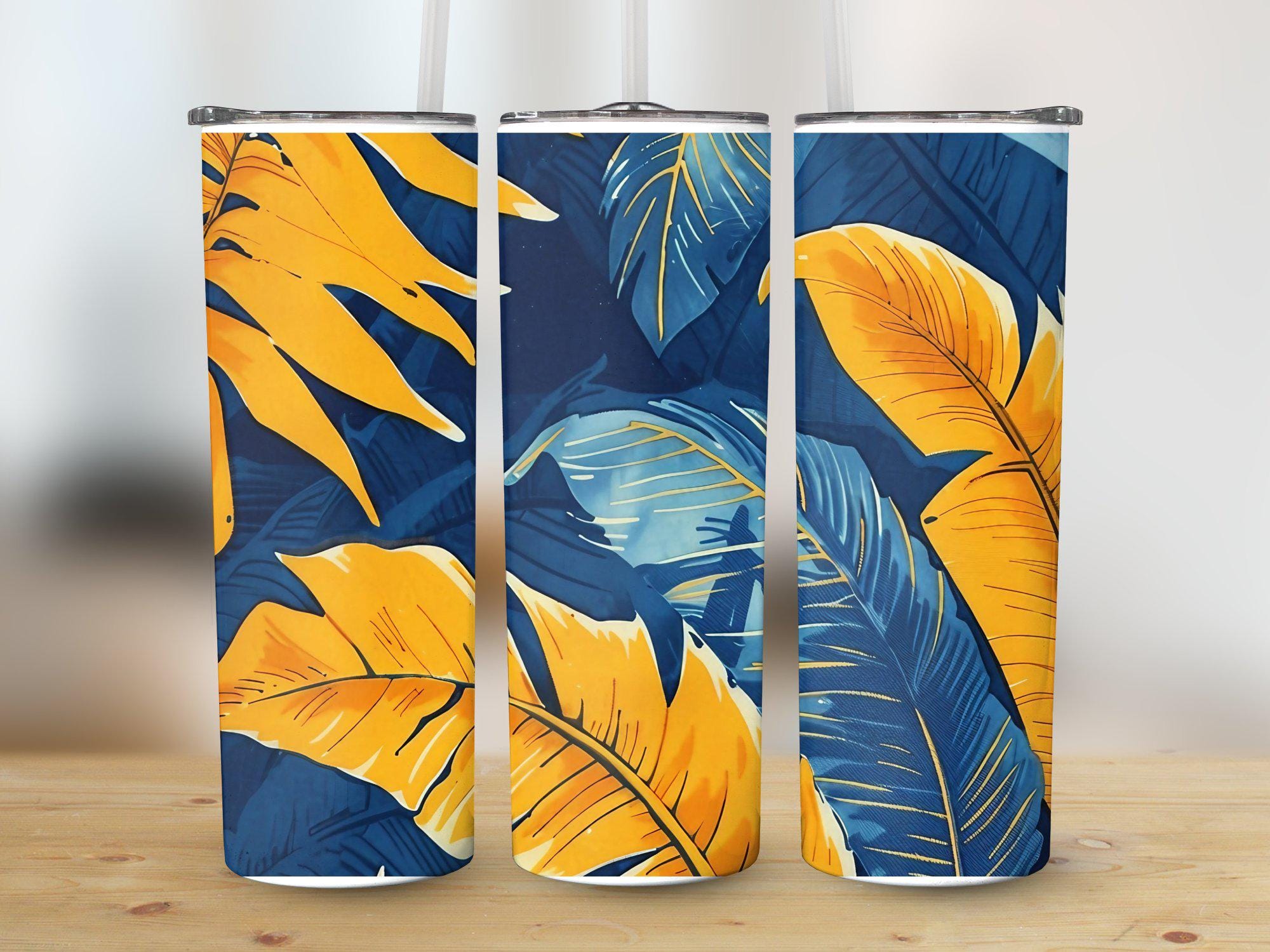 Tropical Blue and Yellow Leaves Tumbler Wrap Design for Vibrant ...