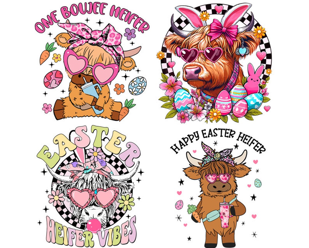 Easter Highland Cow PNG, Retro Easter Png, Easter Bunny Png, Clover ...