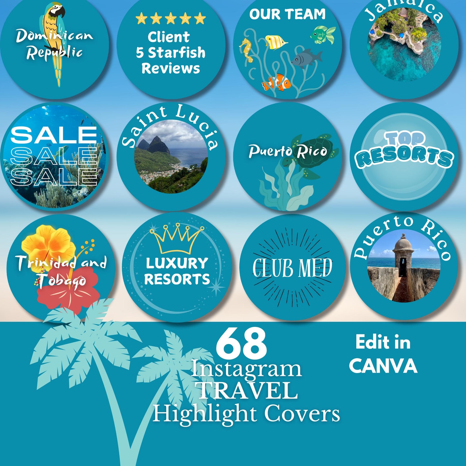 Travel Instagram Highlight Cover Canva Template, Caribbean and Tropical ...
