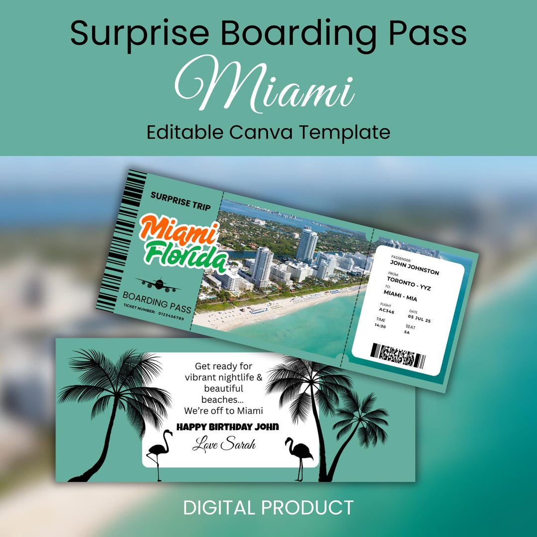 Surprise Trip Boarding Pass Template, Fake Miami Plane Ticket for Gift ...