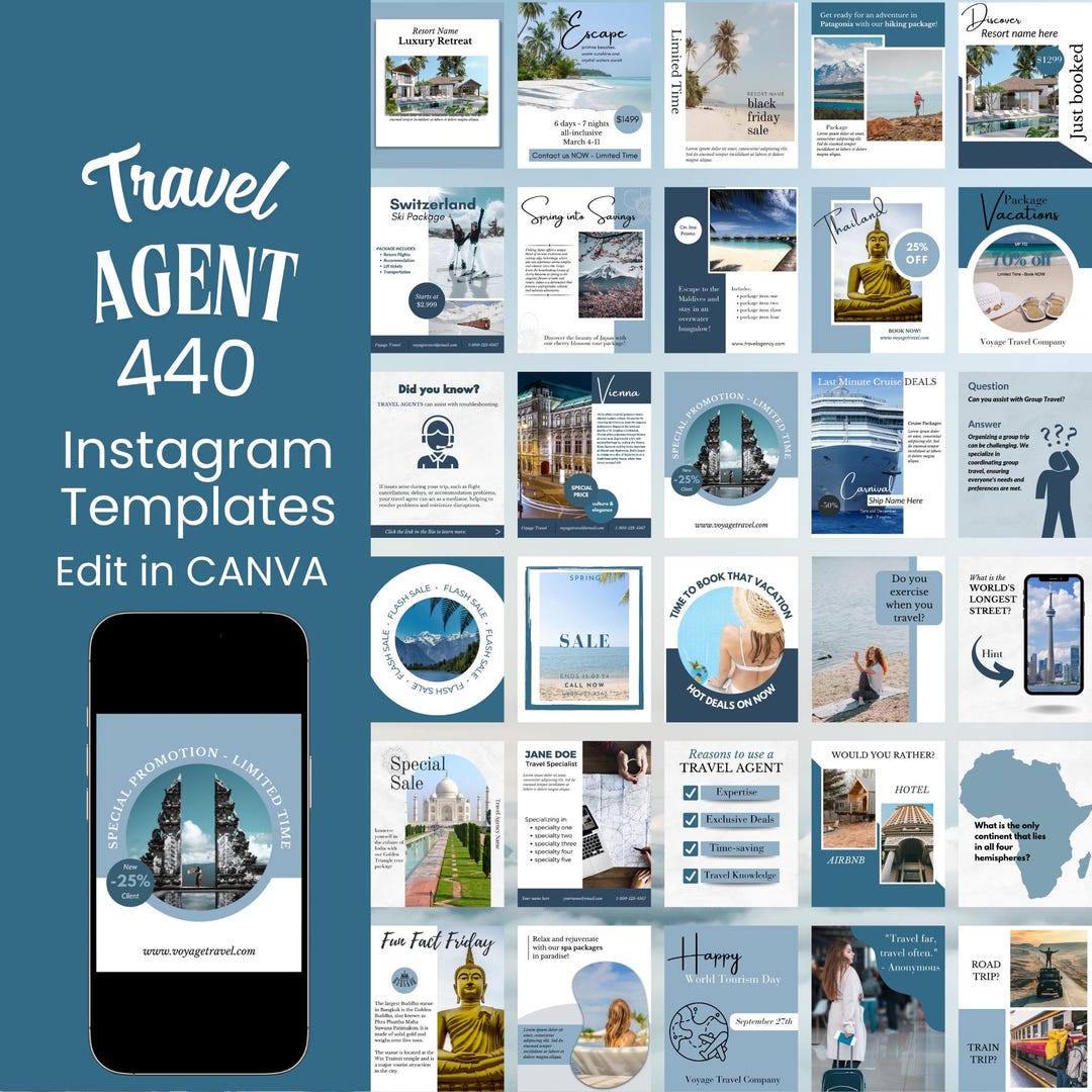 Travel Agent Instagram Editable Canva Template Bundle - Etsy