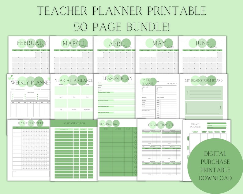 Digital Planner Bundle Green Printable Teacher Homeschool Planner ...
