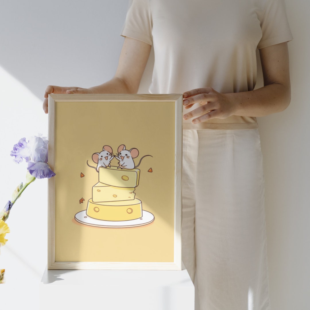 Twin Mice at Cheese Party Adorable Illustration for Kitchen Decoration ...