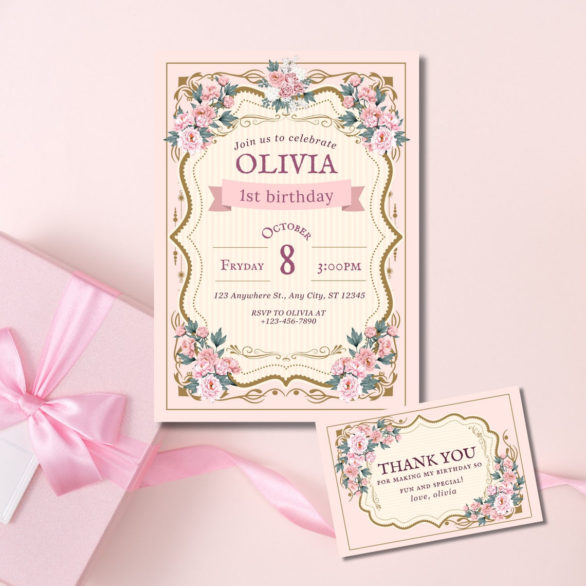 Coquette Birthday Invitation and Thank You Card Template: Editable ...