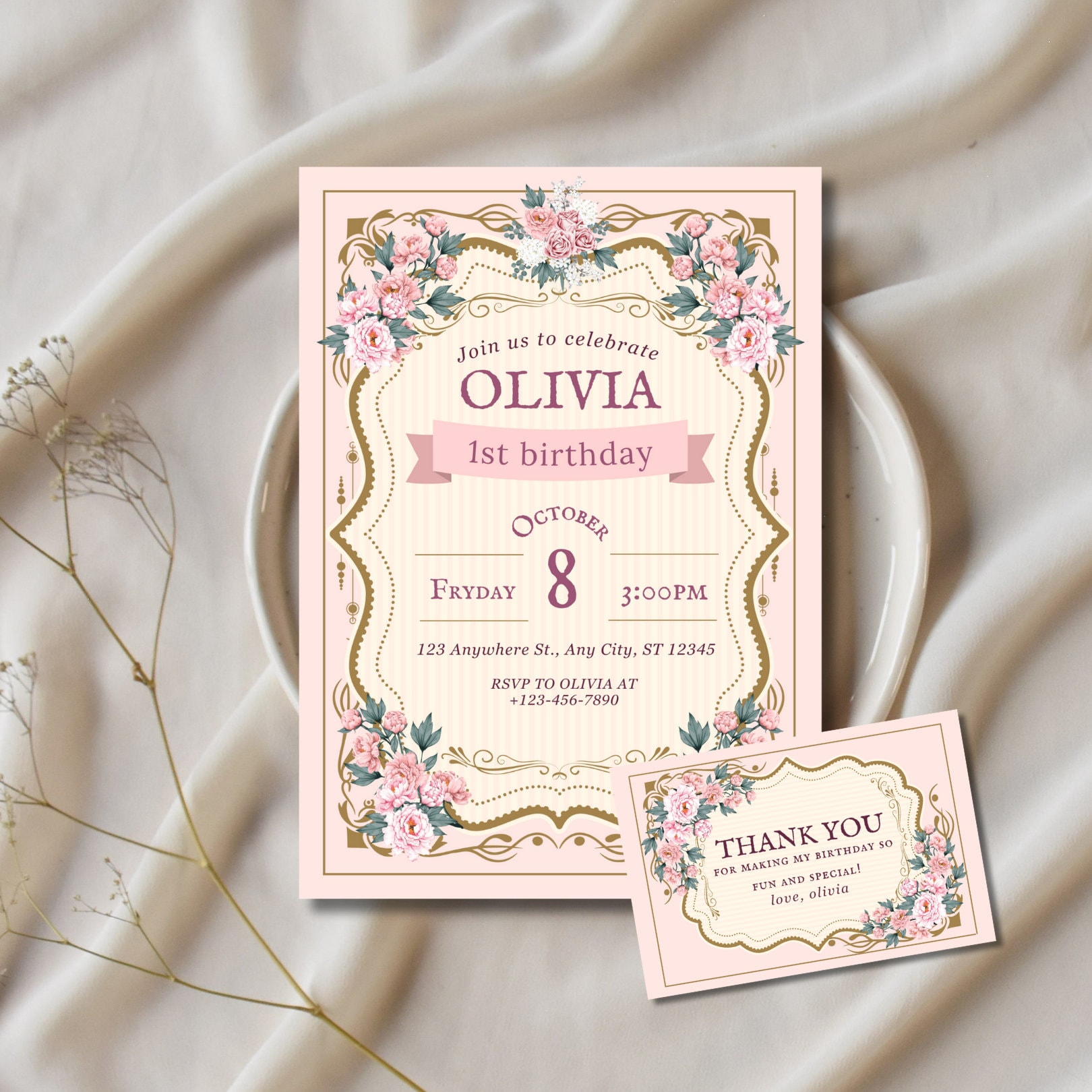 Coquette Birthday Invitation and Thank You Card Template: Editable ...