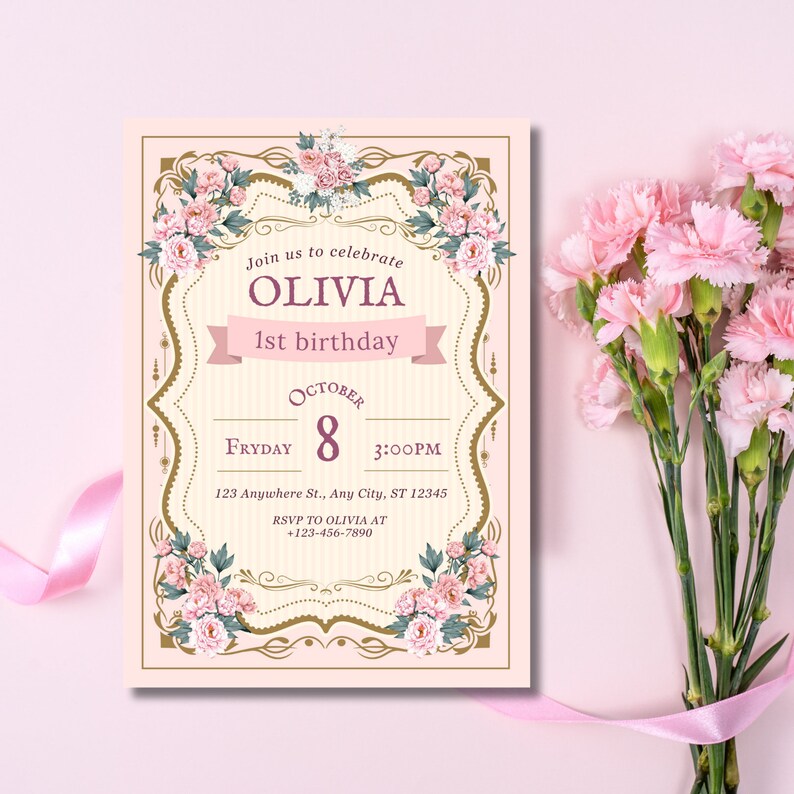 Coquette Birthday Invitation and Thank You Card Template: Editable ...