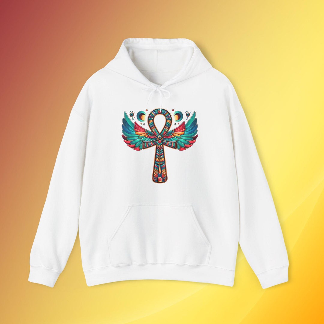 Vibrant Egyptian Ankh Symbol Hoodie With Sacred Lotus & Wings Spiritual ...