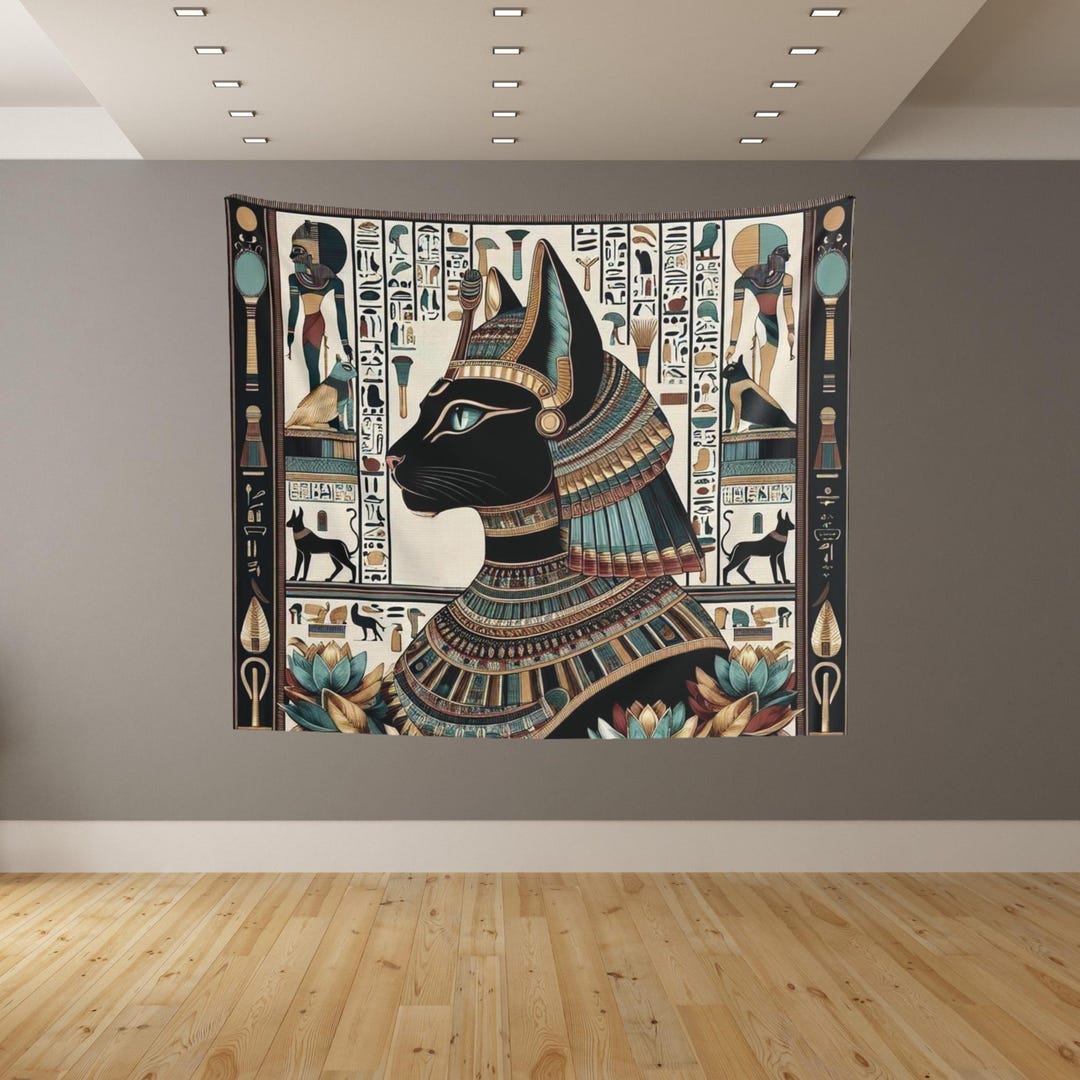 Egyptian Cat Goddess Tapestry, Bastet Wall Hanging With Hieroglyphics ...
