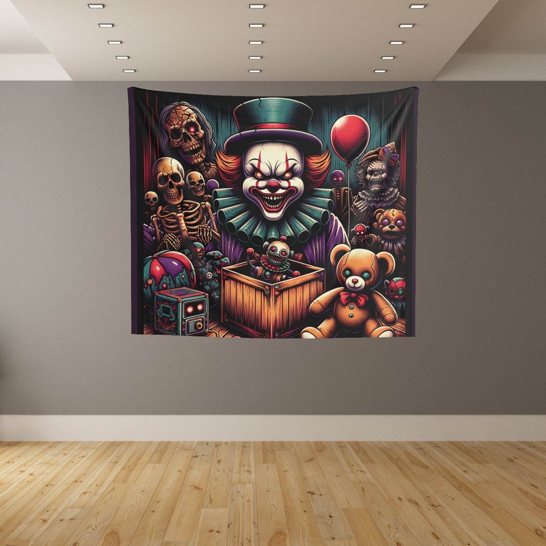 Scary Terrifying Clown Halloween Tapestry Creepy Skeletons & Evil Toys ...