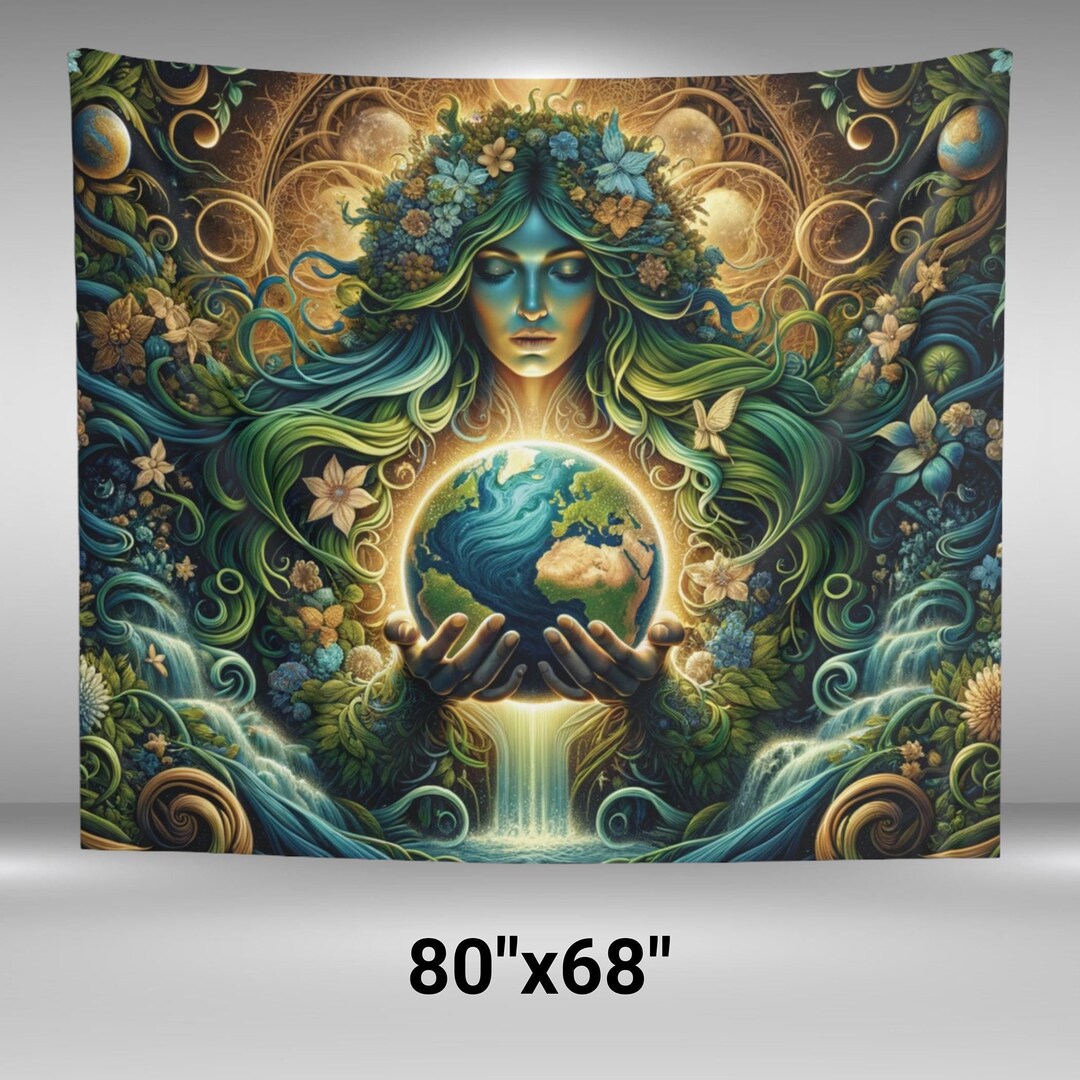 Nurturing Mother Earth Gaia Tapestry Art Vibrant Nature Goddess With Flowers and Planet Earth ...
