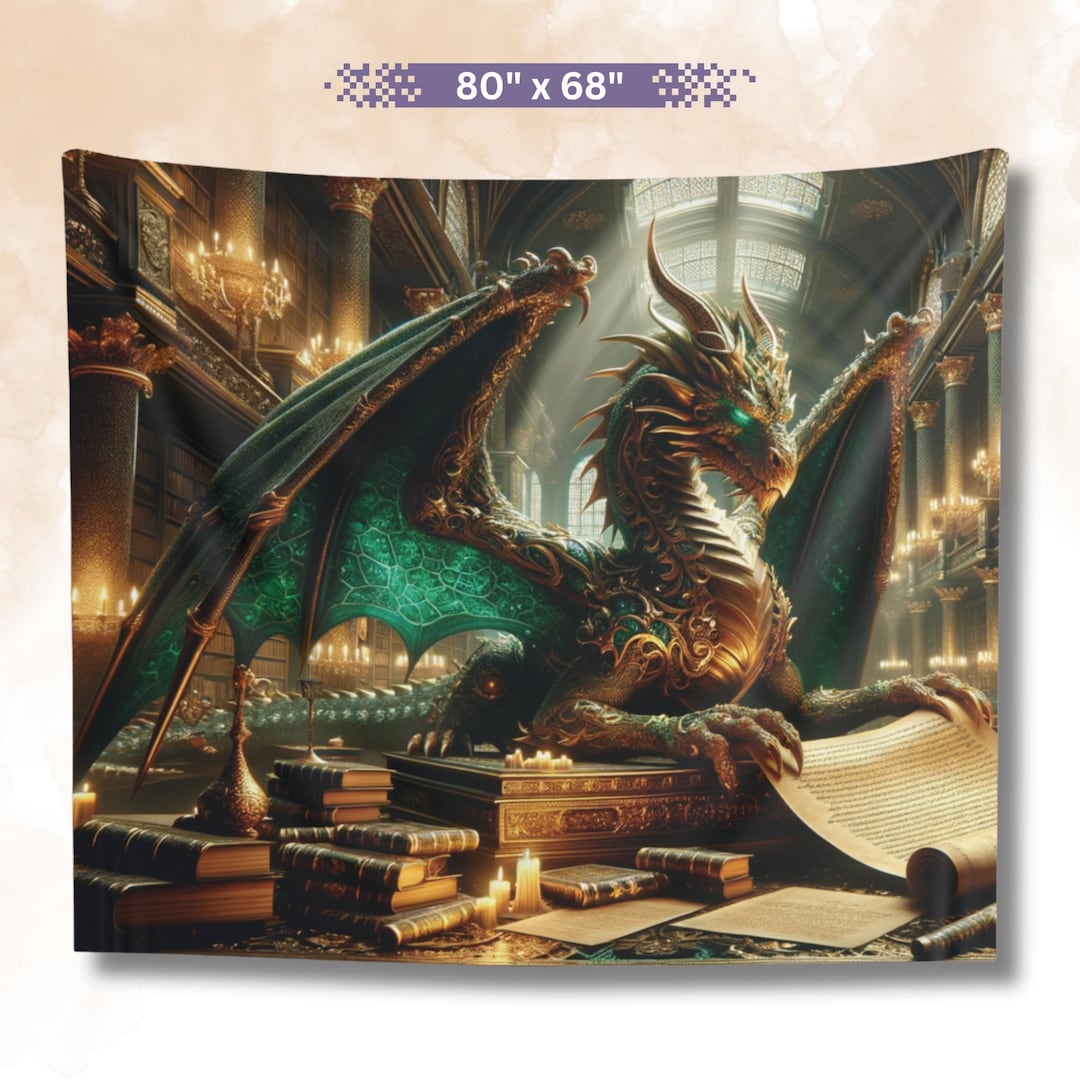Enchanted Library Dragon Tapestry Iridescent Dragon Tapestry Decor ...