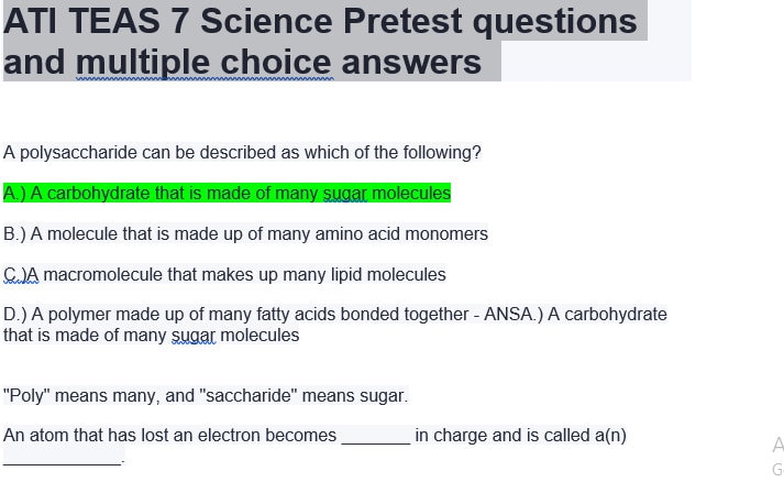 ATI TEAS 7 Science Pretest Questions and Multiple Choice Answers - Etsy