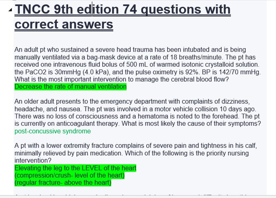 TNCC 9th Edition 74 Questions With Correct Answers - Etsy