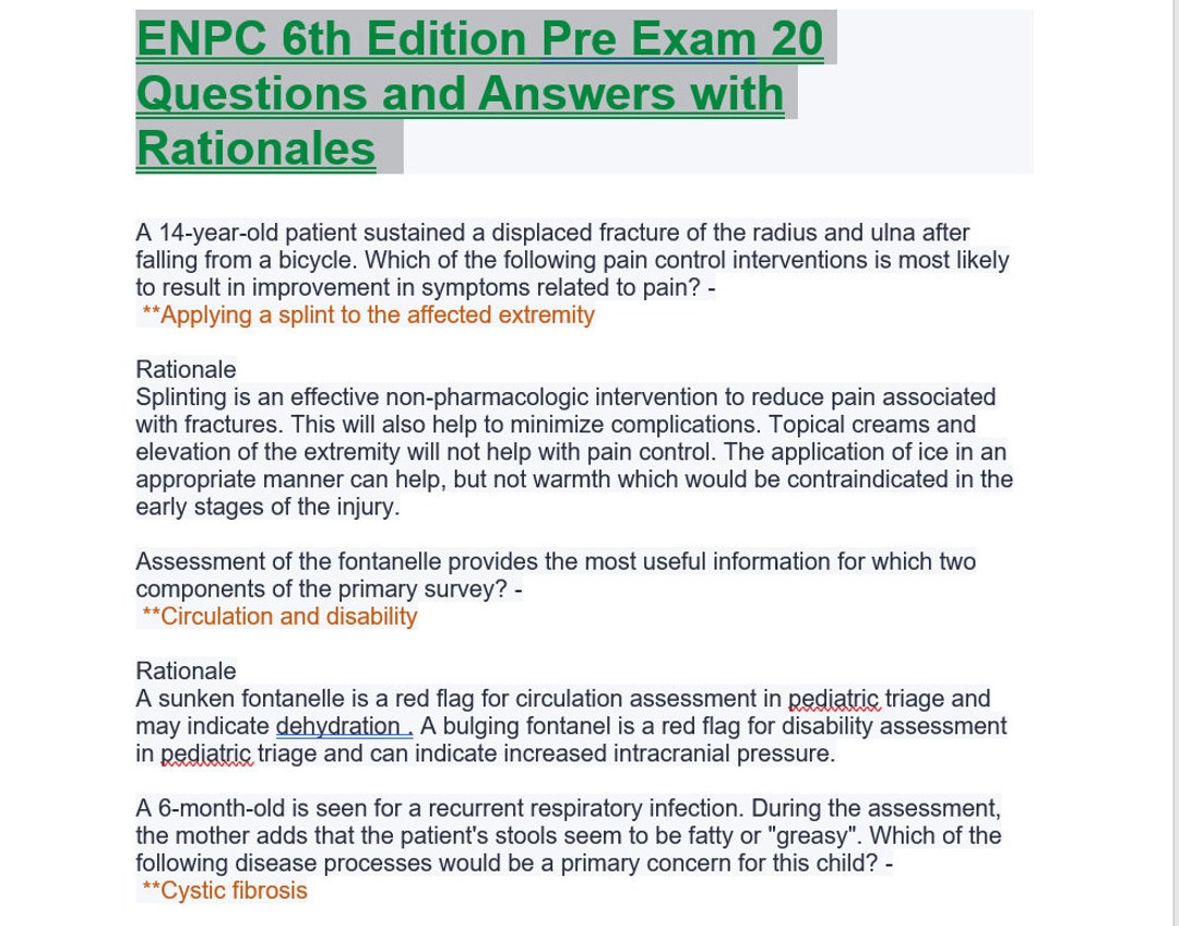 ENPC 6th Edition Pre Exam 20 Questions and Answers With Rationales - Etsy ENPC 6th Edition Pre Exam 20 Questions and Answers With Rationales - Etsy