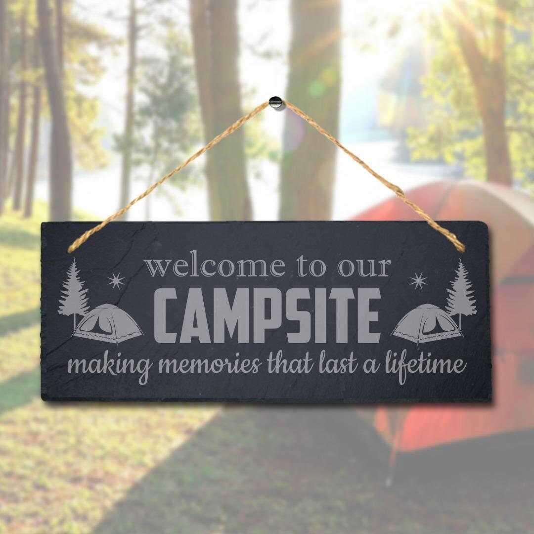 Welcome to Our Campsite Laser Engraved Hanging Slate Plaque Summer ...