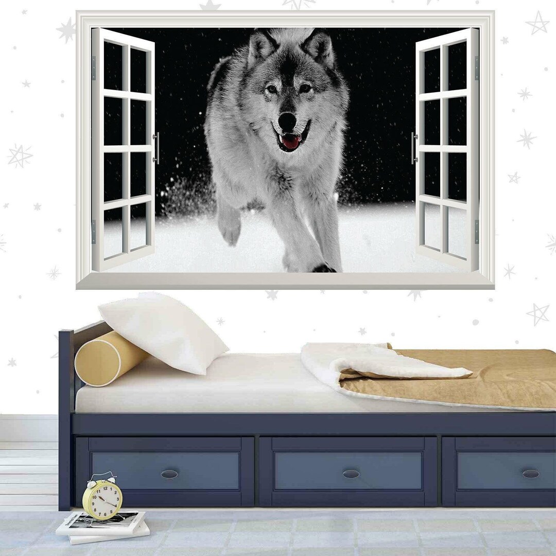 Snow Wolf Wall Sticker Running Husky 3D Window View Wall Sticker Vinyl ...