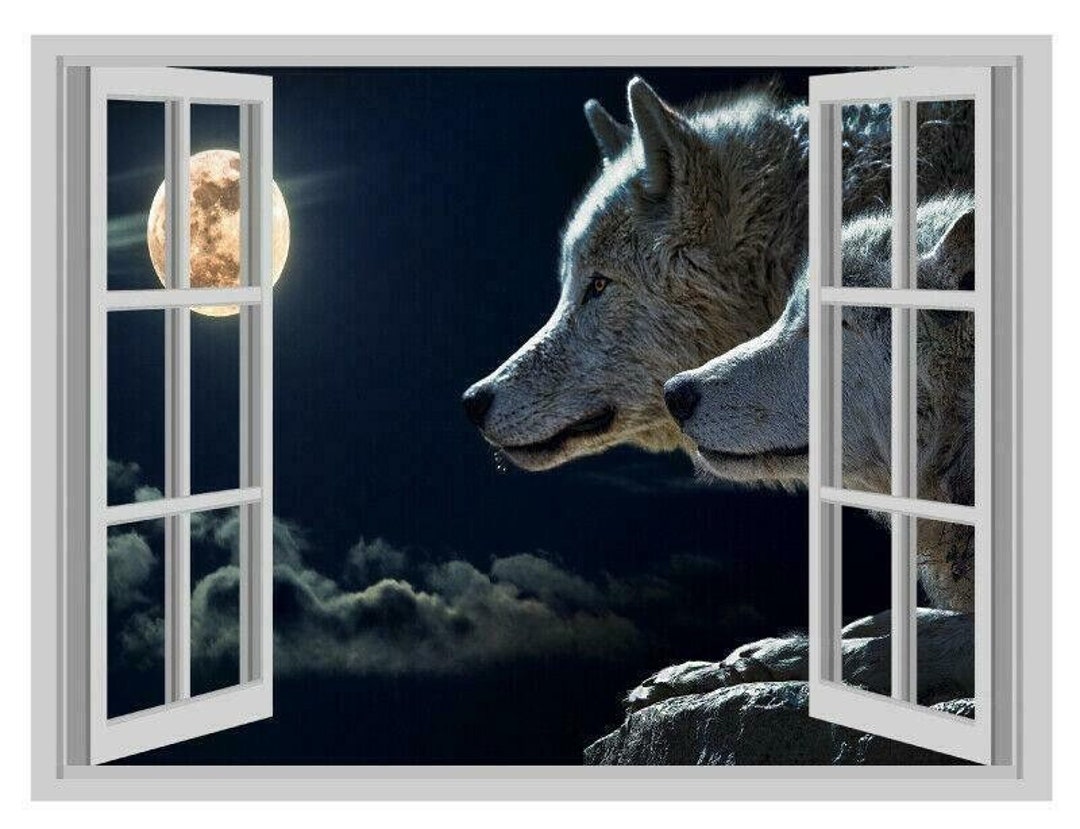 Wolf Wall Sticker Wolves Wolf Night Moon Gazing 3D Window Effect Wall ...