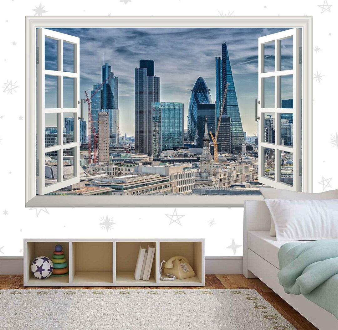 London Wall Sticker Cityscape Uk City 3d Window View Skyline Wall Decal ...