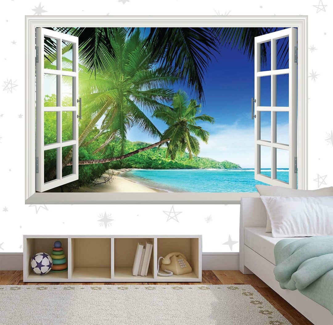 3d Window View Beach Sandy Palm Wall Sticker Tropical Beach Wall Decals ...