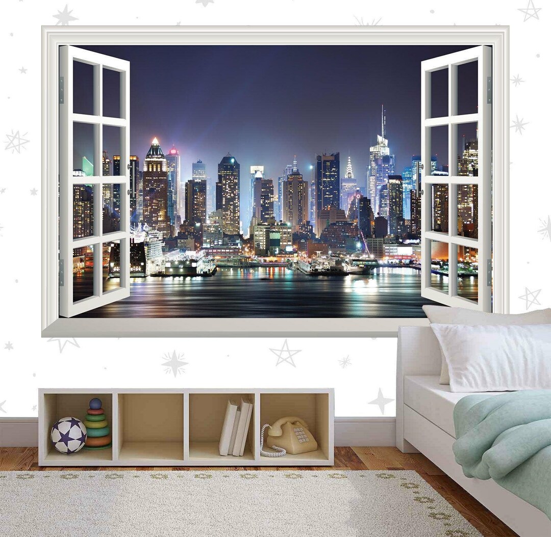 New York Wall Sticker 3d Window Night View Empire State Wall Decal Nyc ...