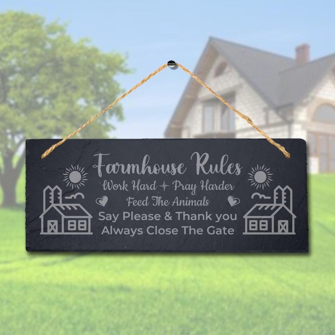 Farm House Rules Work Hard Laser Engraved Hanging Slate Farmhouse ...