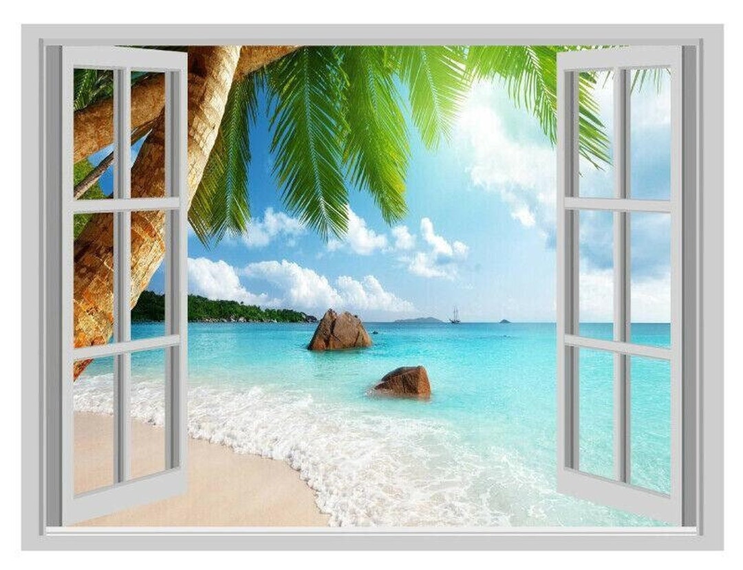 Beach Resort Wall Sticker Palm Tree 3d Window View Wall Decal Sea Waves ...