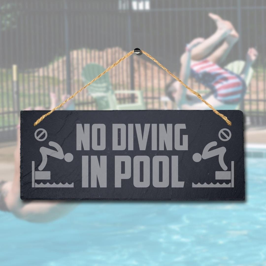 No Diving in Pool Laser Engraved Hanging Slate Pool Pond Caution Plaque ...