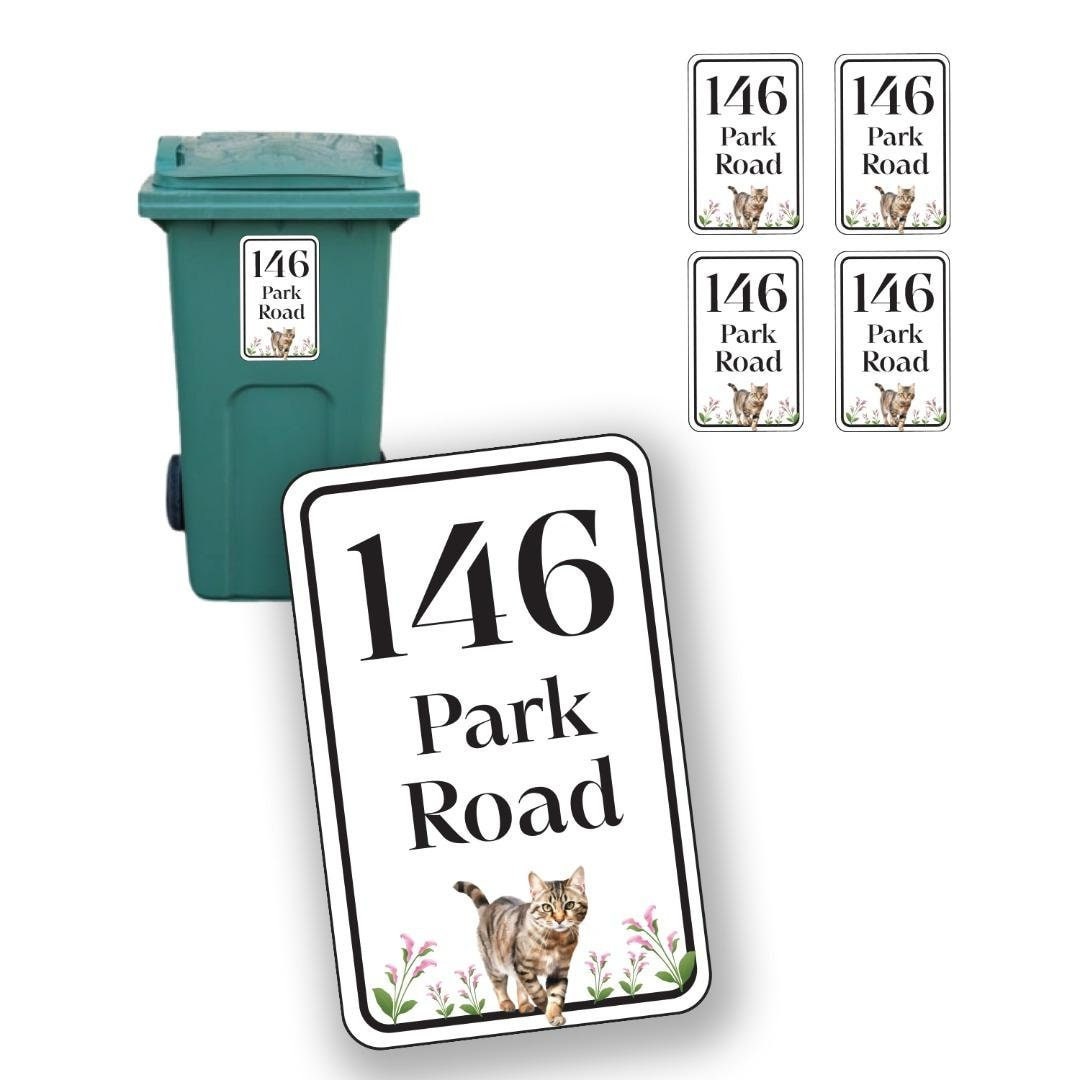 Personalised Cat Wheelie Bin Sticker Custom Street Name Number Cat ...