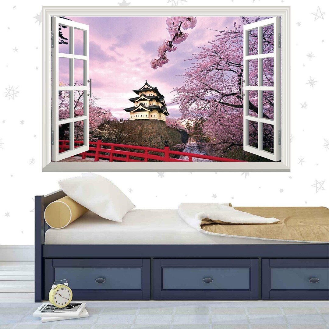 Japanese Temple Wall Sticker Decal Japan Scenic Skyline Blossom Trees ...