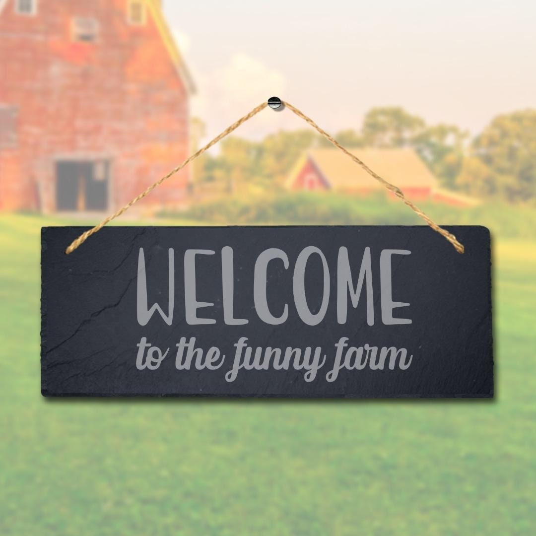 Funny Farm Hanging Slate Sign Laser Engraved Gate Door Plaque Garden ...