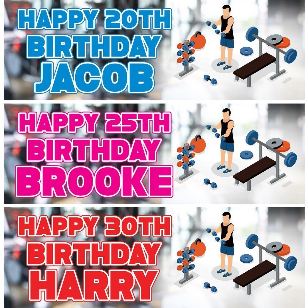 2 Personalised Gym Birthday Party Celebration Banners Decoration ...