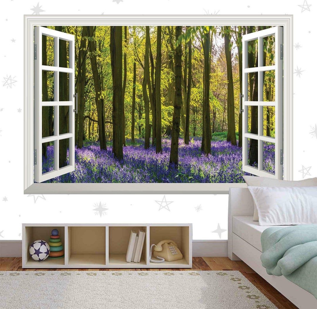 Purple Flowers Wall Sticker Forest Trees 3d Window View Wall Decal ...
