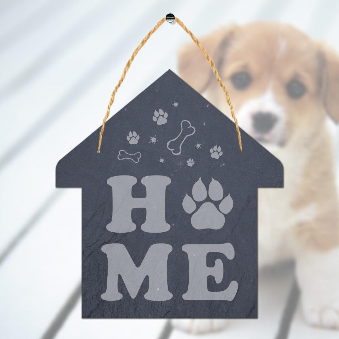 Home Paw Print Engraved Hanging House Shape Slate Dog Puppy Gate Plaque ...