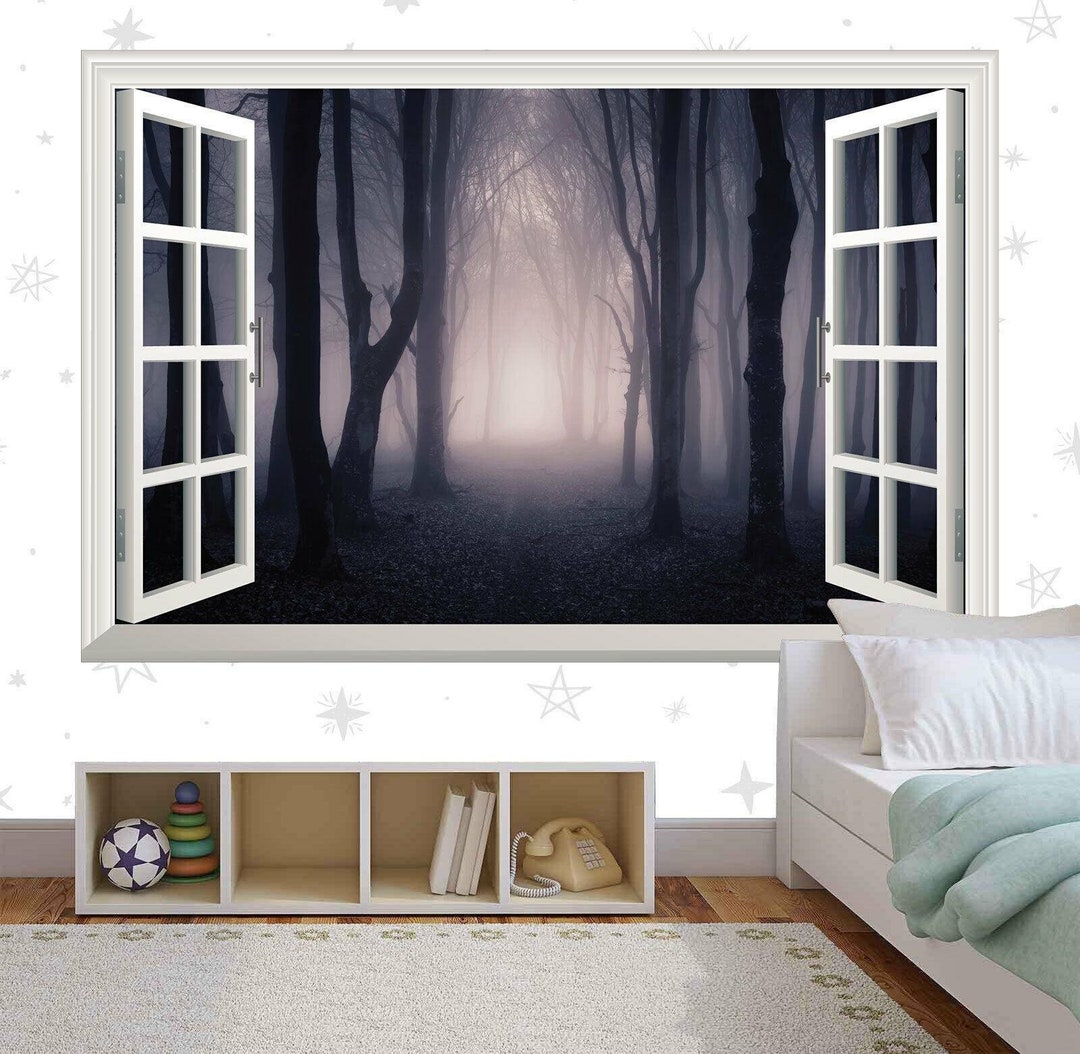 Dark Misty Wall Sticker Woods Forest 3d Window View Wall Decal Trees ...