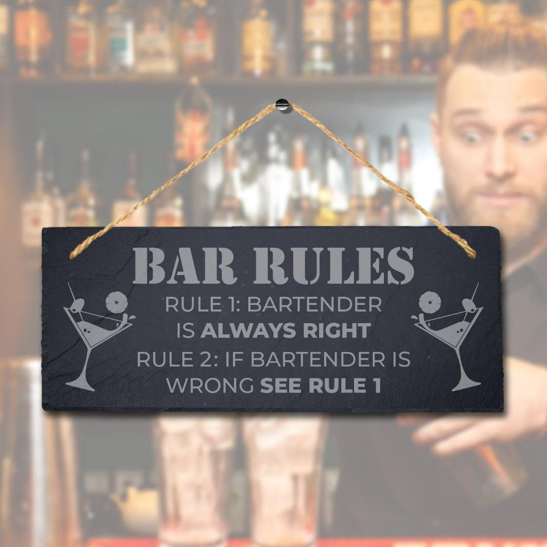 Bar Rules Sign Bartender Always Right Rule Laser Engraved Hanging Slate ...