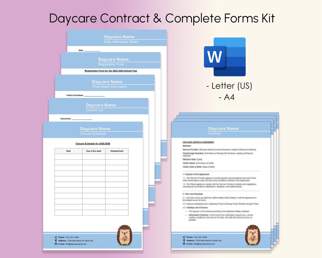 Complete Daycare Contract and Forms Bundle. Editable Childcare ...