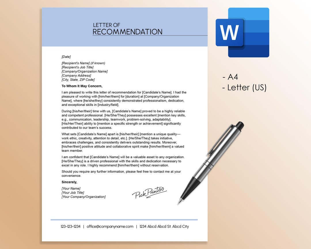 Recommendation Letter Template for Customizable Use - Etsy