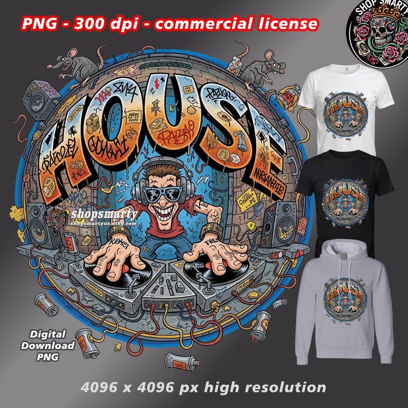 Cartoon DJ T-shirt Design, House Music Graffiti (PNG Download) - Etsy