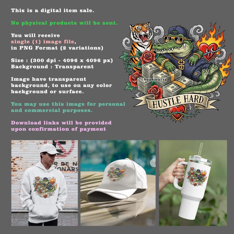 Hustle Hard Crocodile PNG, Hip Hop Gangster Design (digital Download ...