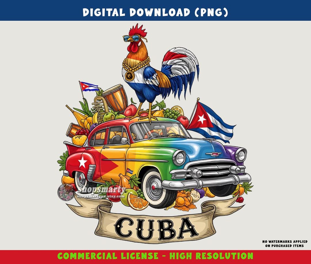Cuba Vibrant Png Download, T-shirt Design, Cuban Car, Rooster, Cuba ...