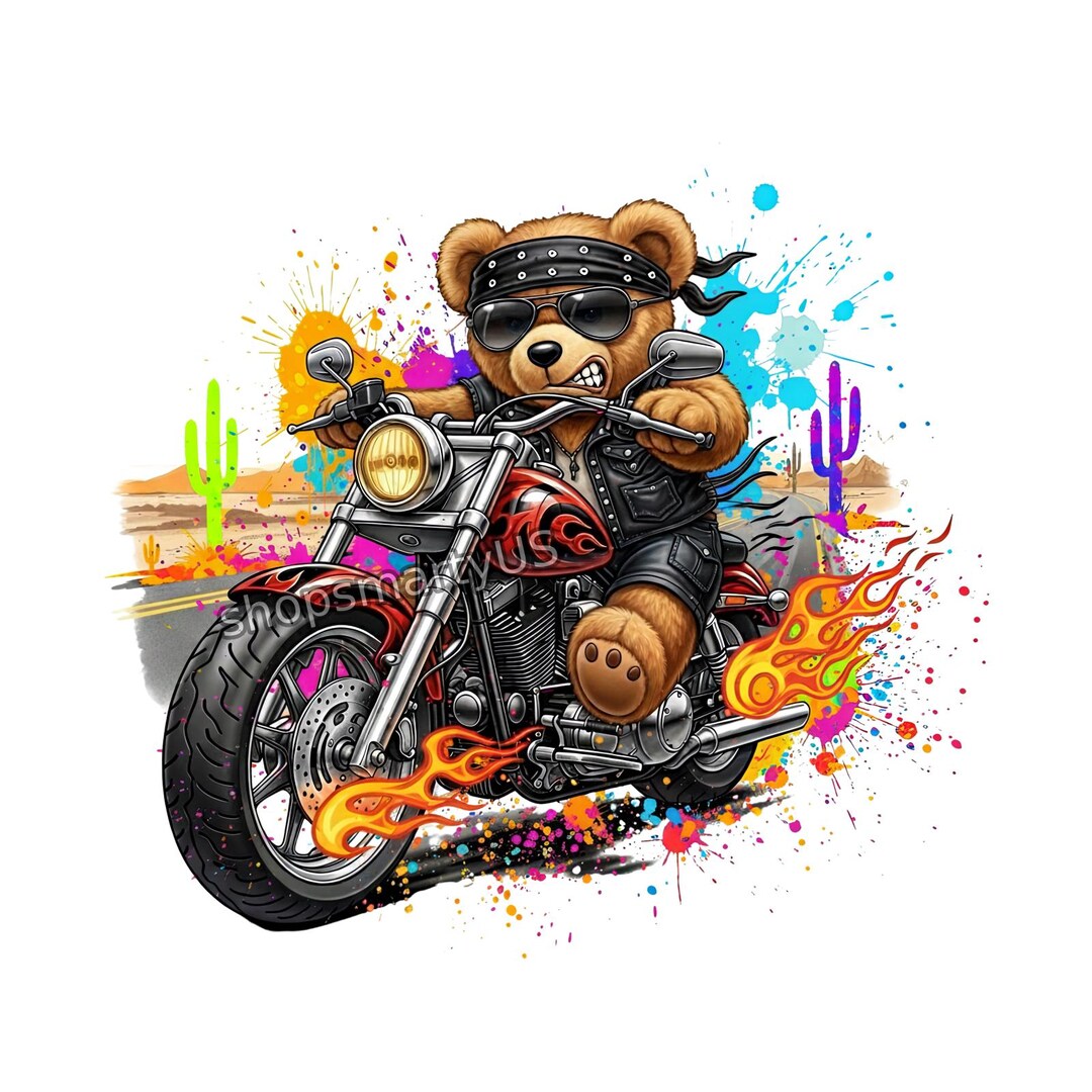 Teddy Bear Riding Motorcycle, Sublimation File Instant PNG Download ...